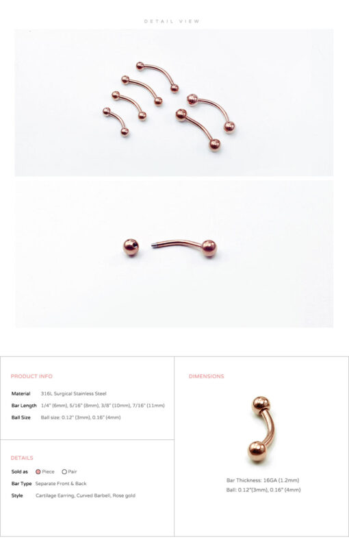 16g Rose Gold Curved Barbell / snug outter helix daith forward helix ...